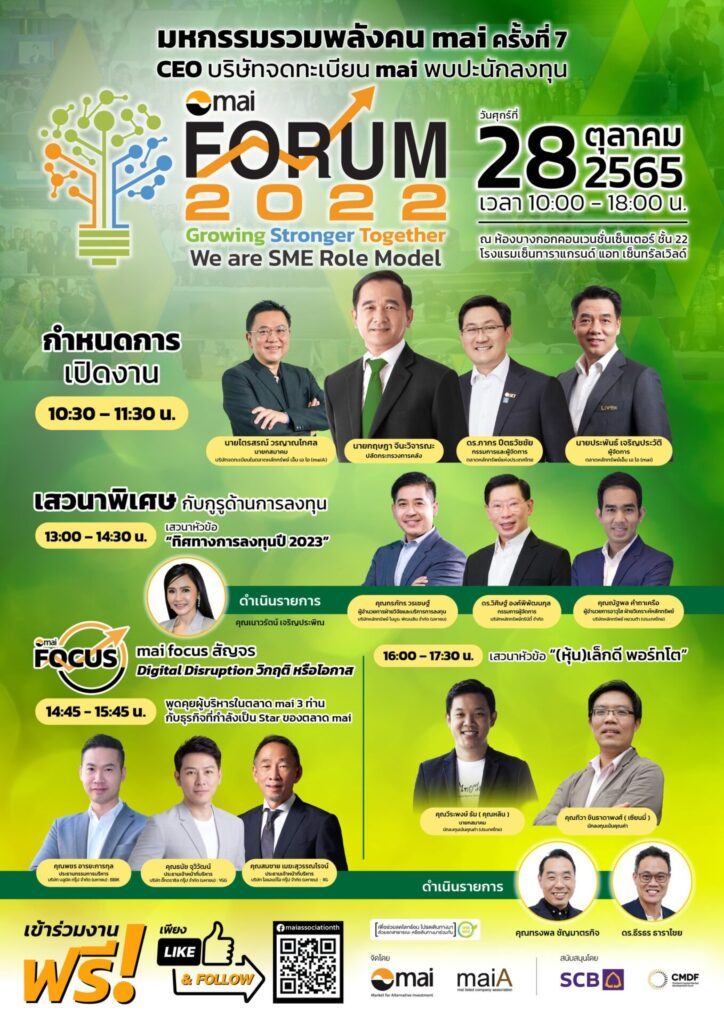 ตลาดหลักทรัพย์ฯชวนร่วมงาน “ mai FORUM 2022 : มหกรรมรวมพลังคน mai ครั้งที่ 7”